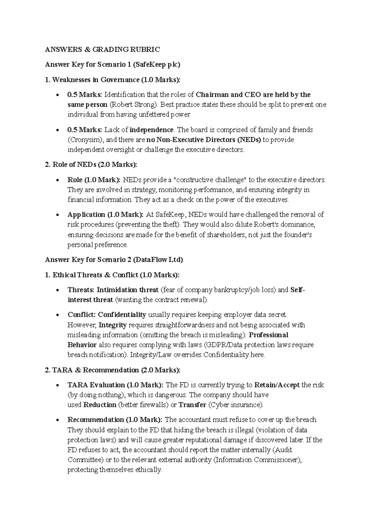 Scenario Practice Questions - Answer Key for SafeKeep plc & DataFlow ...