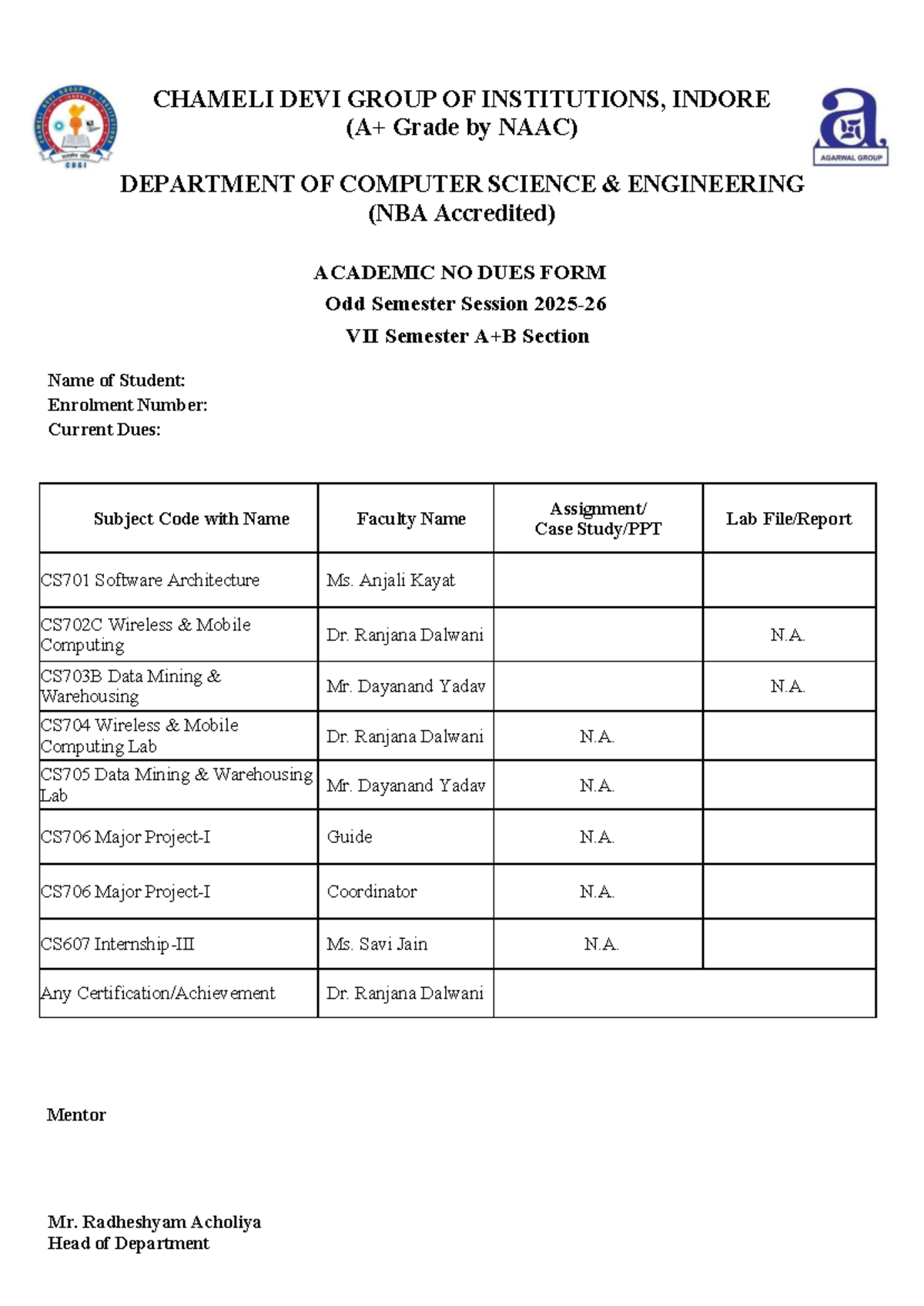 Academic No-Dues Form for VII Semester (CS) - Studocu
