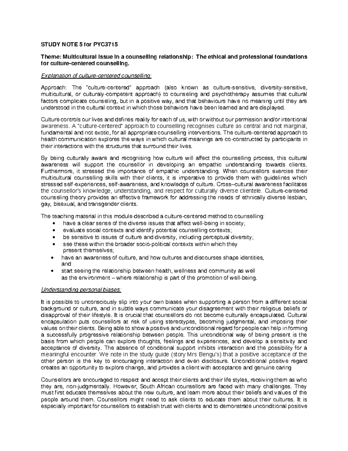 Study Note 5: Multicultural Issues in Counseling (PYC3715) - Studocu
