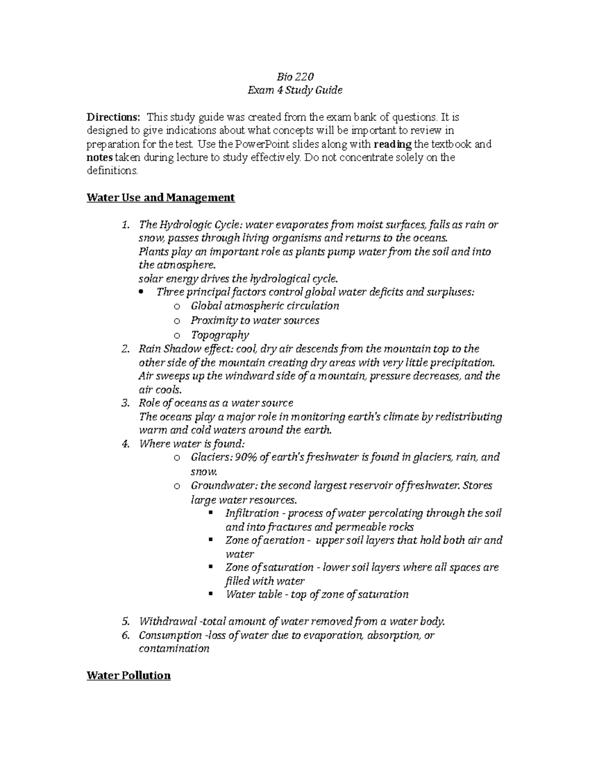 Bio 220 Exam 4 Study Guide: Water Use, Pollution, and Management - Studocu