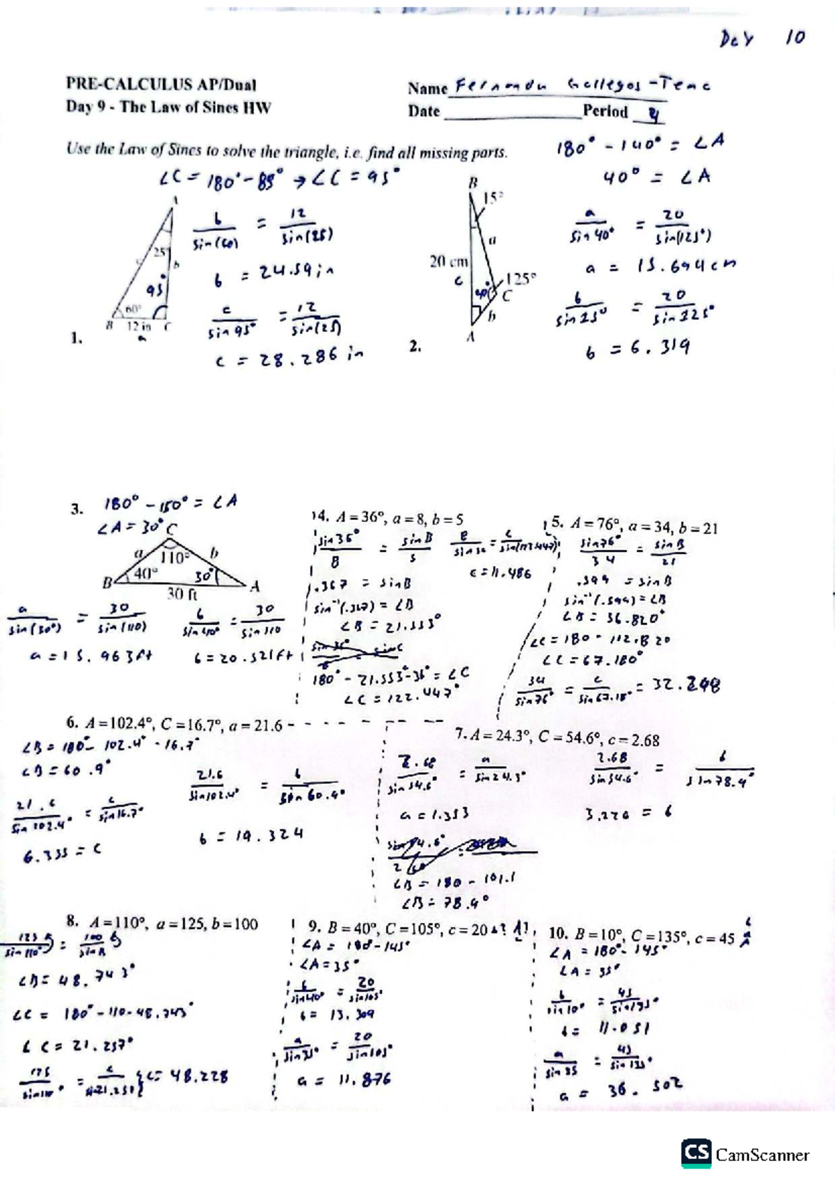 Law of Sines HW - Day 10 (Period 4) by Fernander Gellegos - Studocu