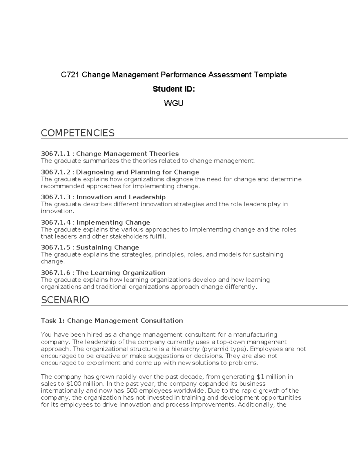 C721 Change Management Task 1 Instructions - C721 Change Management Performance Assessment ...