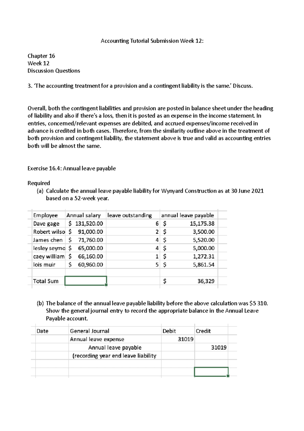 Week 12 Accounting Tutorial Submission: Provisions and Liabilities ...