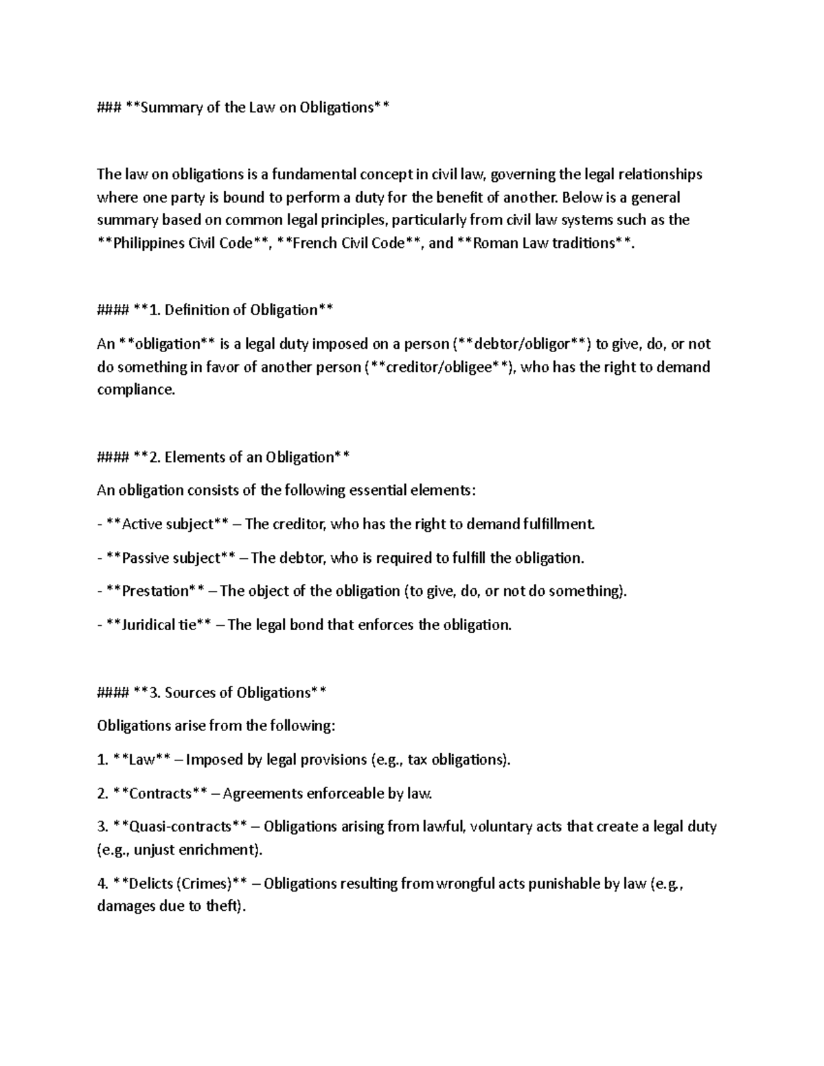 Law - law - Summary of the Law on Obligations The law on obligations is ...