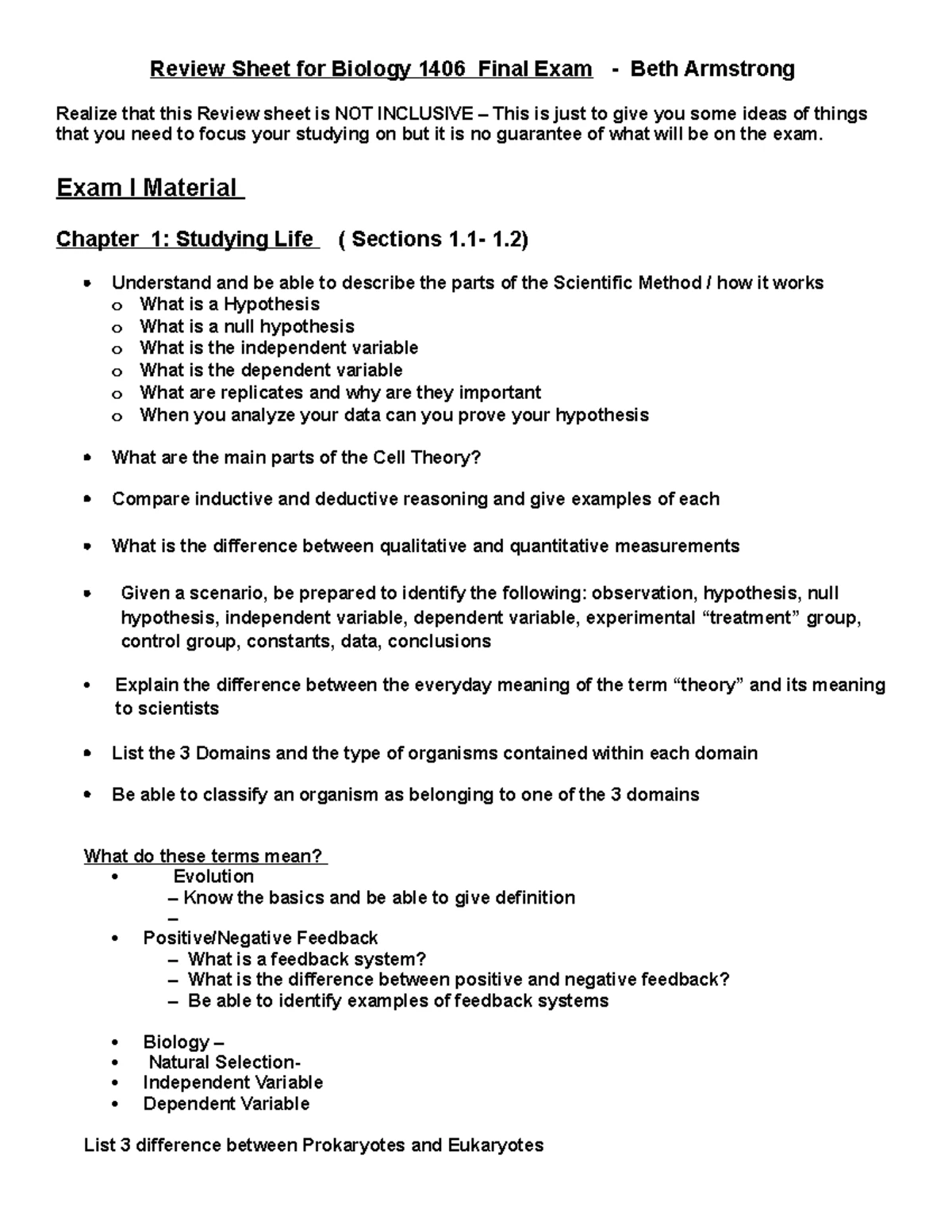 BIOL-1406 Final Exam Comprehensive Lecture Review Sheet Fall 2023 - Studocu