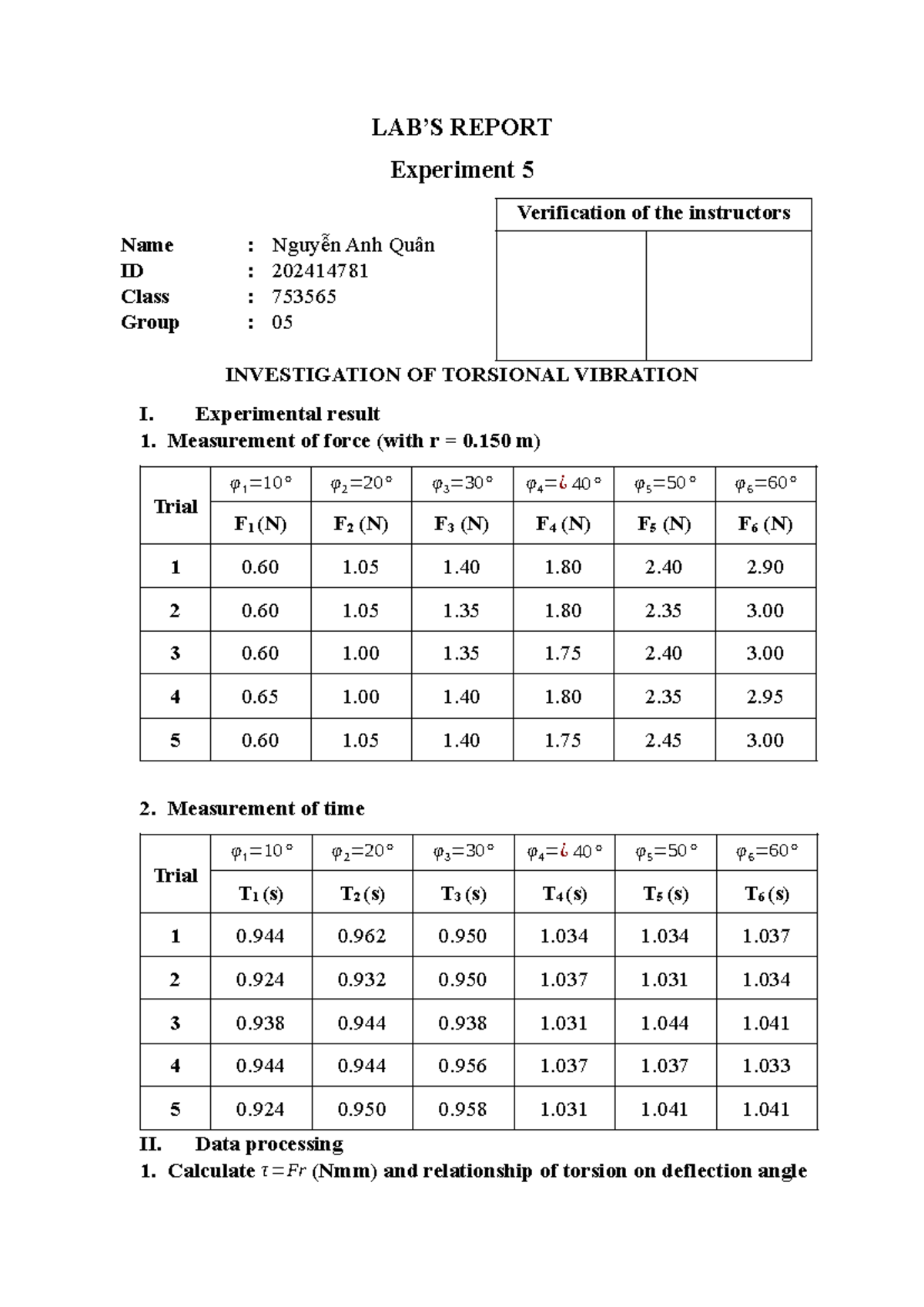 Lab Report 5: Investigation of Torsional Vibration Experiment - Studocu