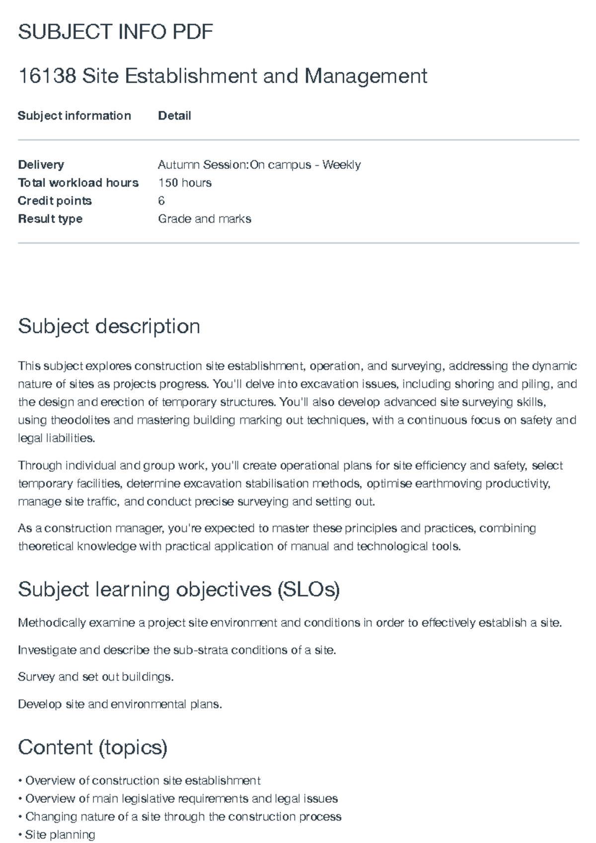 Site Establishment & Management (PDF 16138) Subject Overview - Studocu