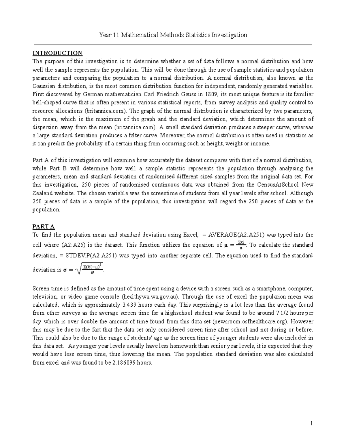 SACE Stage 1 Statistics Investigation: Analyzing Student Screen Time ...