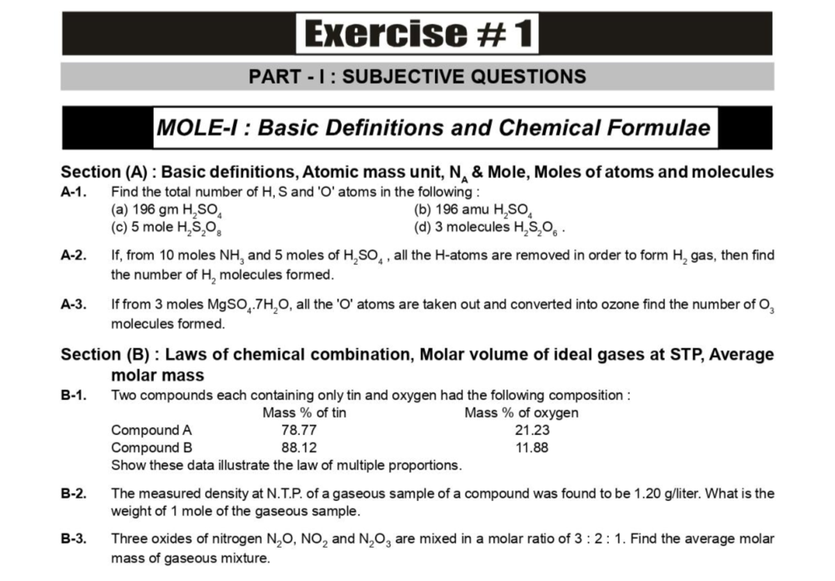 Mole Concept - Summary No! - Exercise 1 PART I : SUBJECTIVE QUESTIONS ...