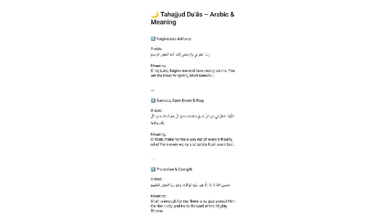 Tahajjud Du'ās - Arabic Meanings and Reflections - Studocu