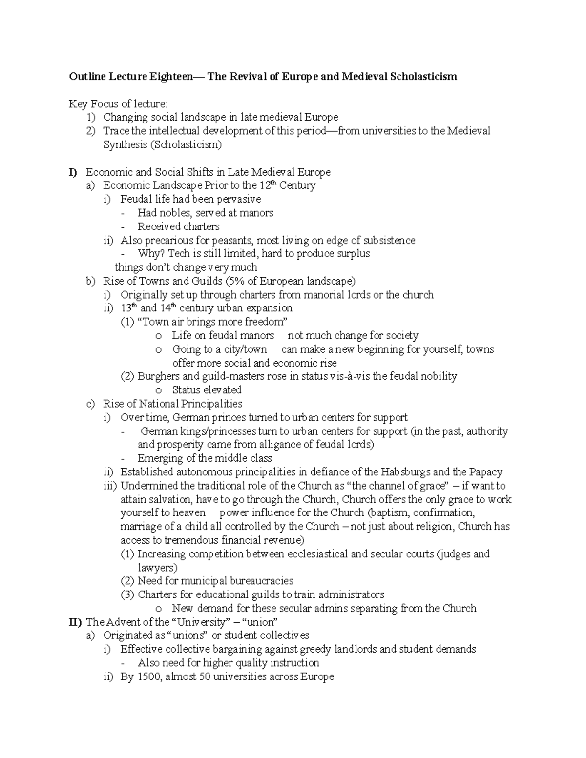 Outline Lecture Eighteen— The Revival of Europe and Medieval ...