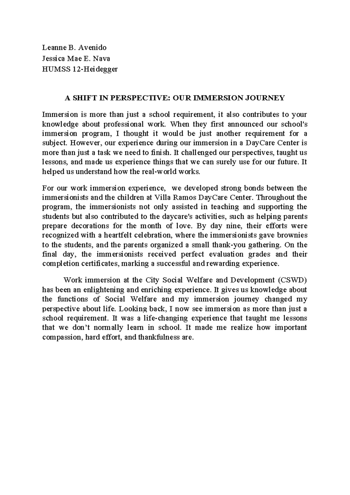 HUMSS Immersion Journey: A Shift in Perspective Narrative - Studocu