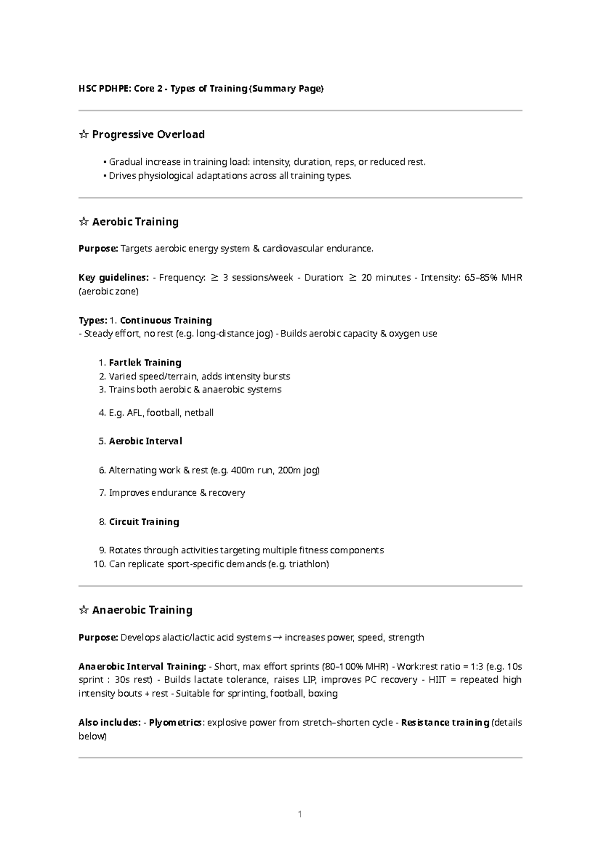 Types of Training Summary - HSC PDHPE Core 2 - Studocu