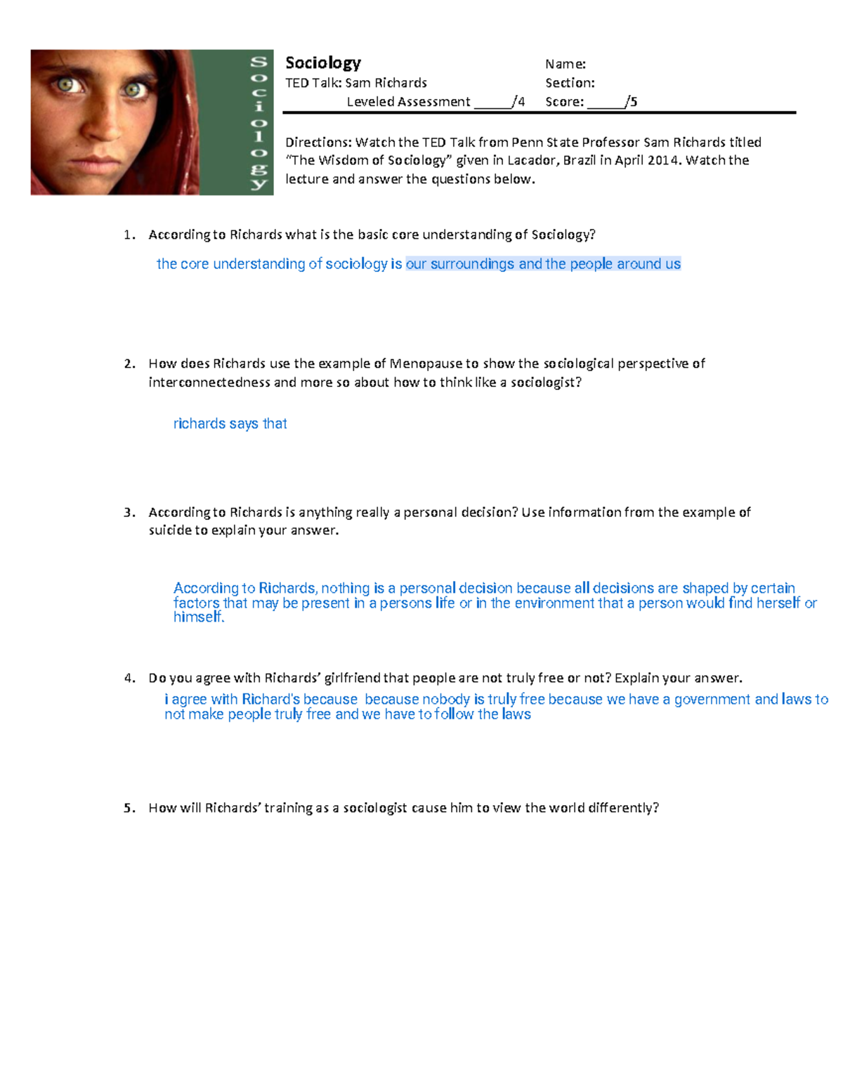 Sociology Lecture Notes: Sam Richards' TED Talk Insights - Studocu
