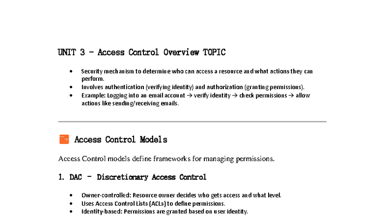 UNIT 3 - Access Control Overview: Security Mechanisms & Models - Studocu