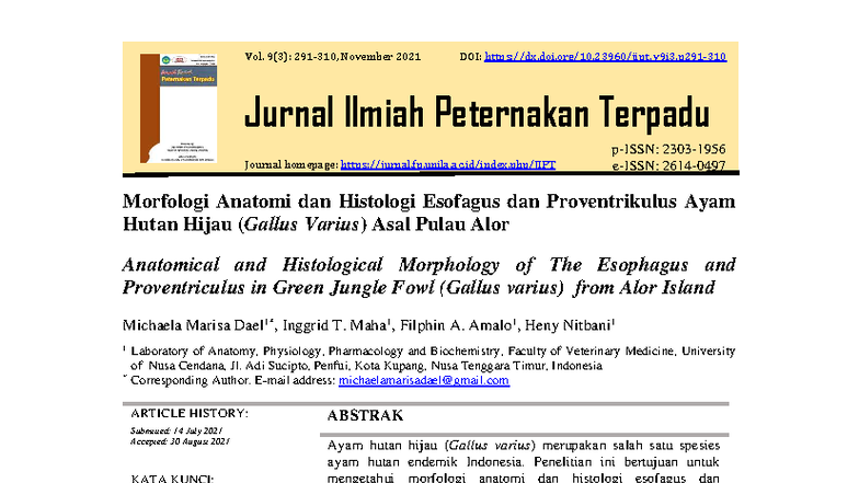 Anatomi dan Histologi Esofagus serta Proventrikulus Ayam Hutan Hijau ...