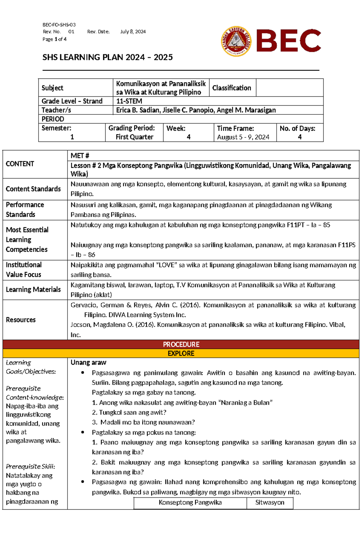 SHS Learning Plan 2024-2025: Komunikasyon at Pananaliksik - Week 4 ...