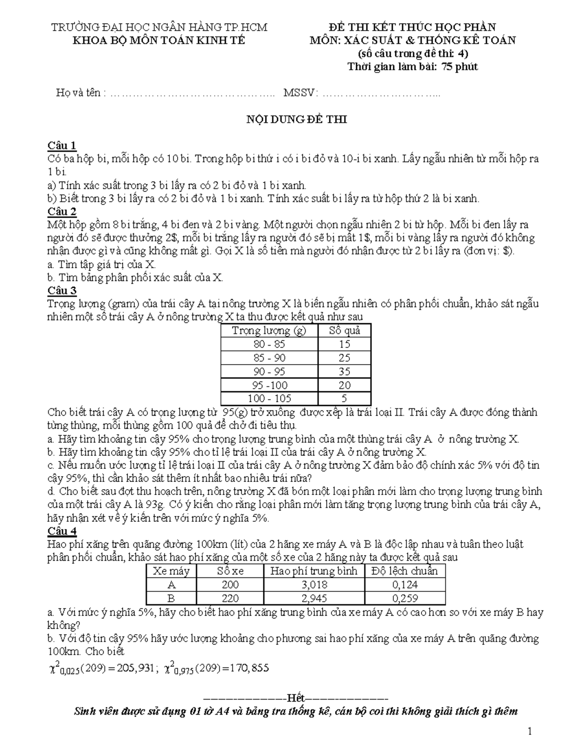 ĐÁP ÁN THI K T TH C H C PH N MÔN: XÁC SUẤT THỐNG KÊ (có ghi: 4) - Studocu