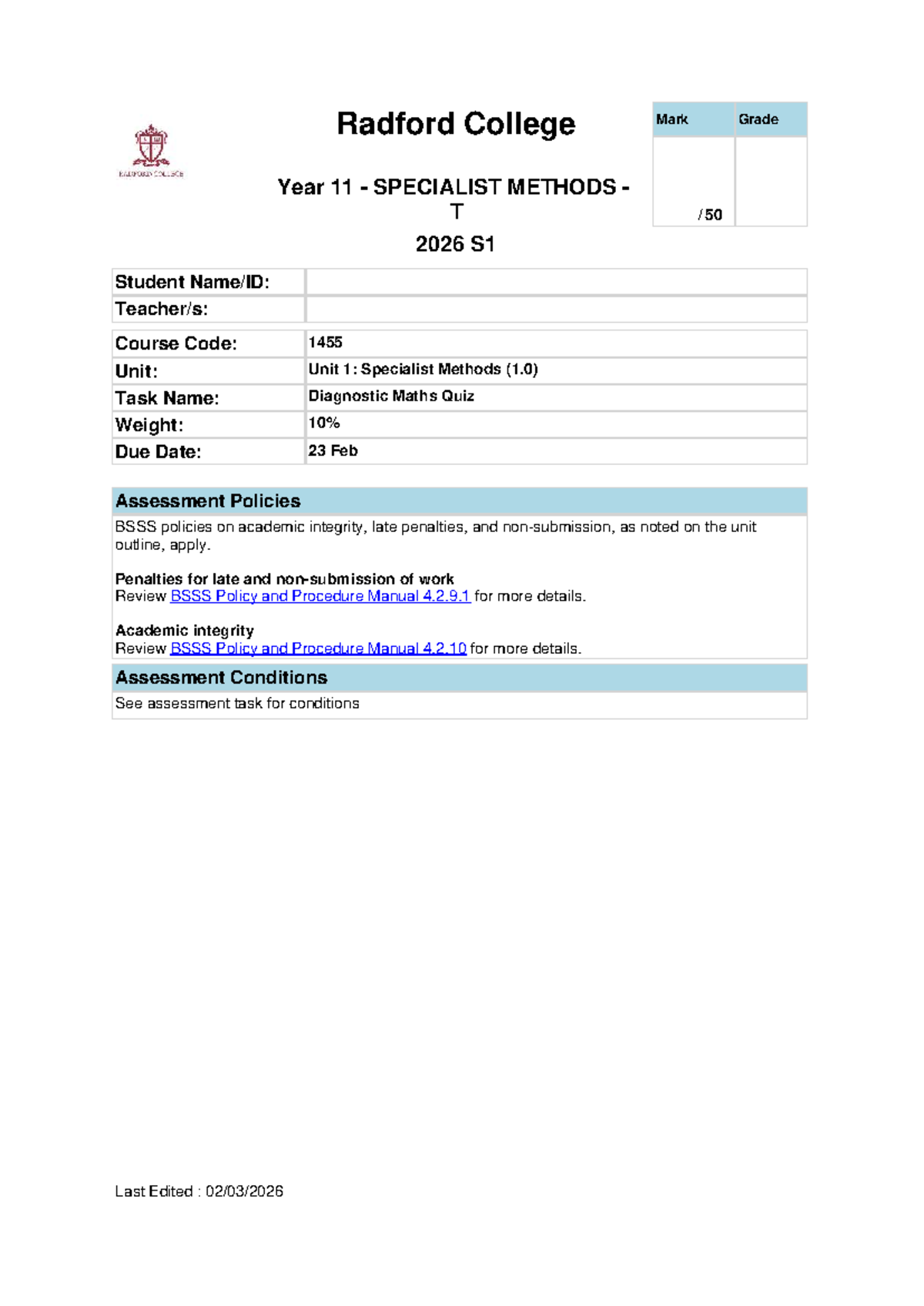 1455 Diagnostic Maths Quiz - Specialist Methods - Studocu