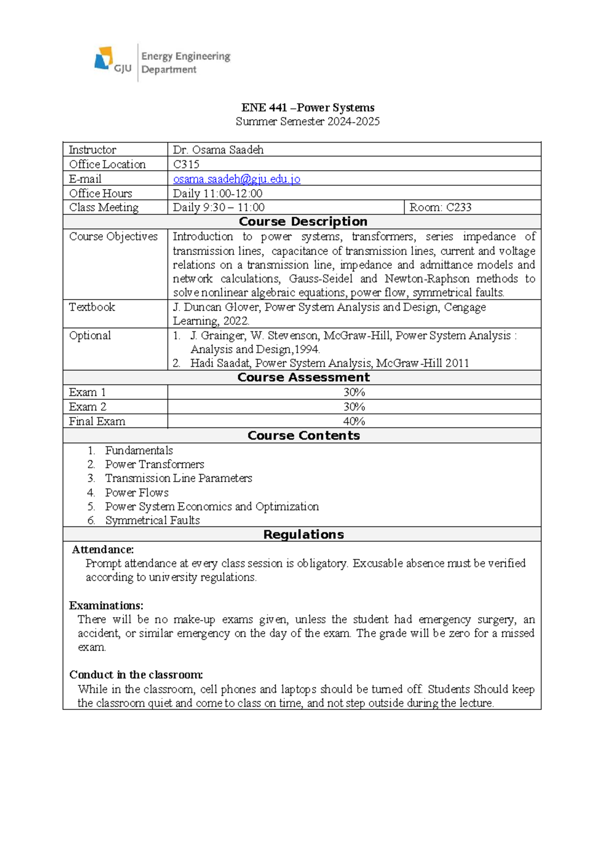 ENE 441 Summer 2025 - Course Syllabus and Class Details - Studocu