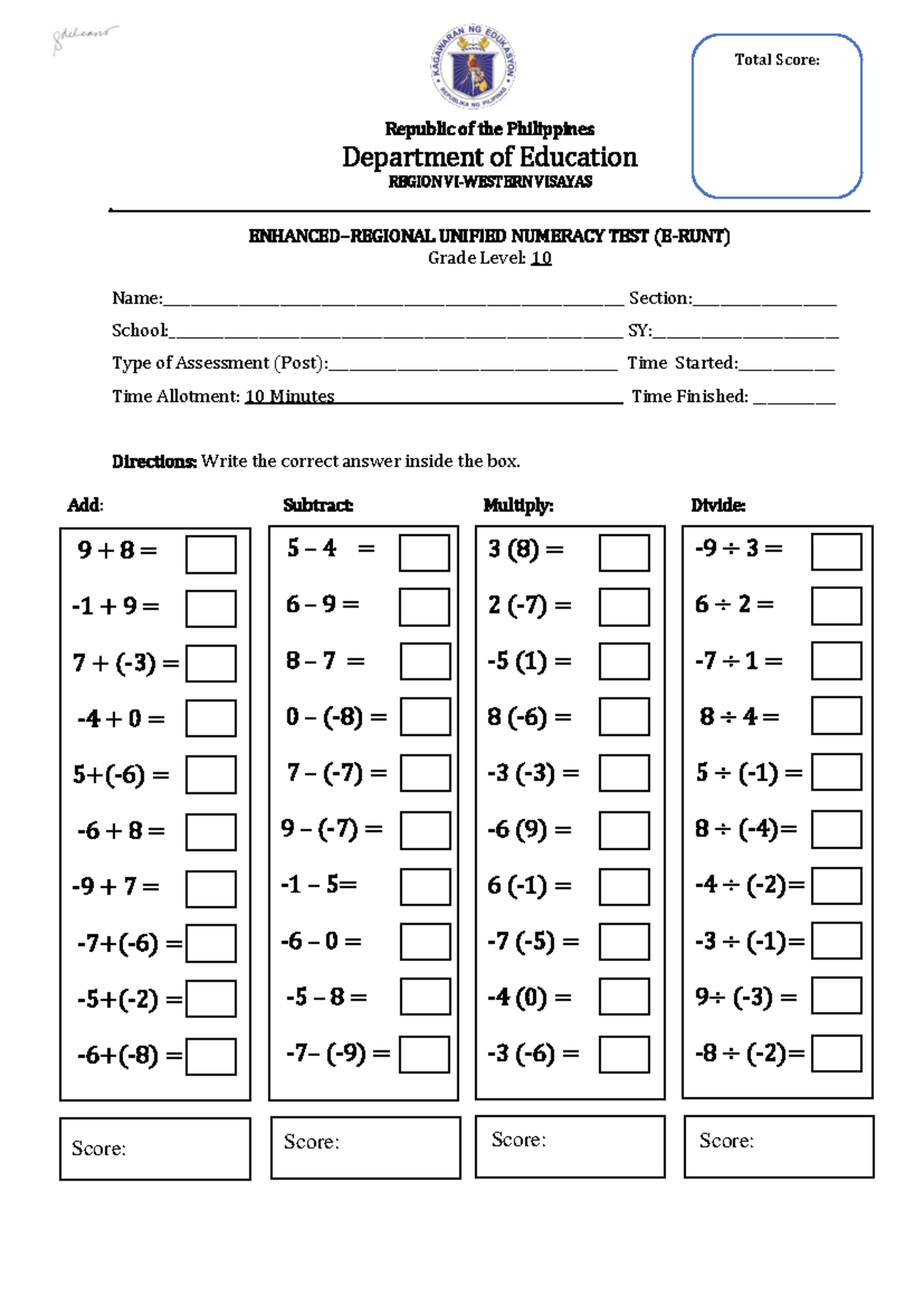 Post Test E RUNT Grade 10 - Republic of the Philippines Department of ...