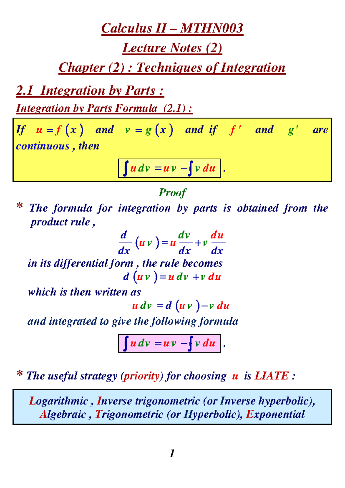 Calculus II - MTHN003 Lecture Notes: Techniques of Integration - Studocu