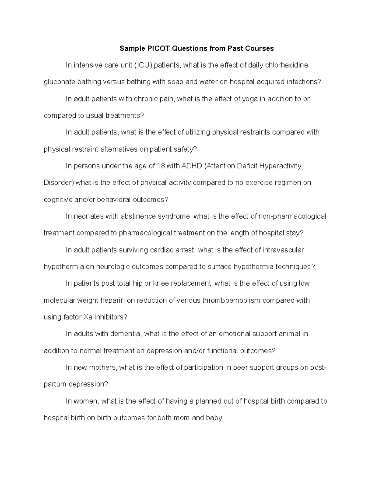 Sample Picot questions from past courses-1 - Sample PICOT Questions ...