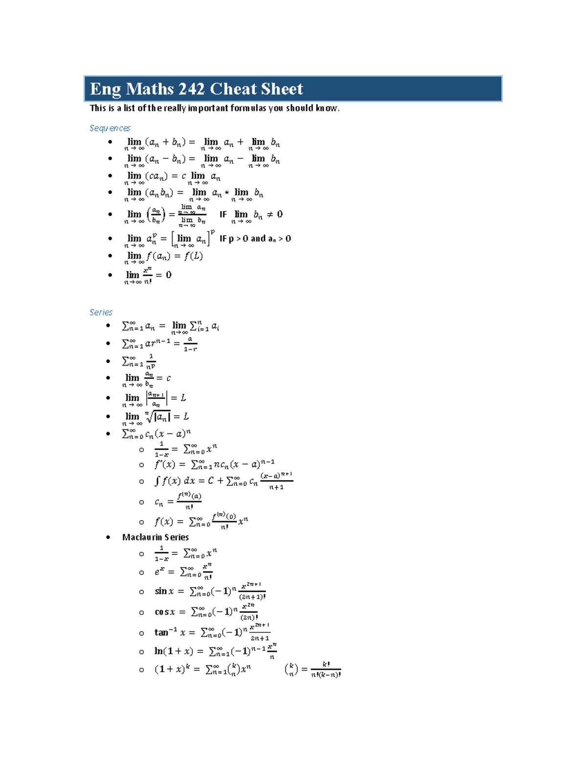 Eng Maths 242 Essential Formulas Cheat Sheet - Studocu