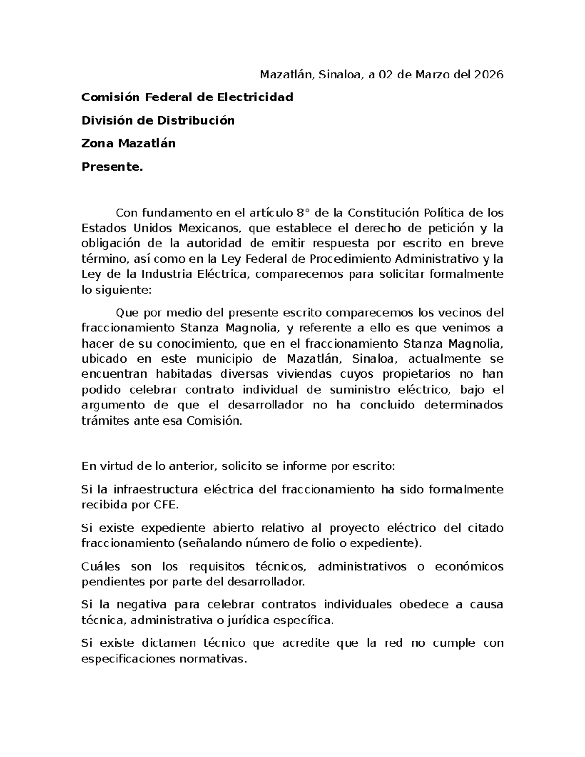 CFE - Solicitud de Información sobre Fraccionamiento Stanza Magnolia ...