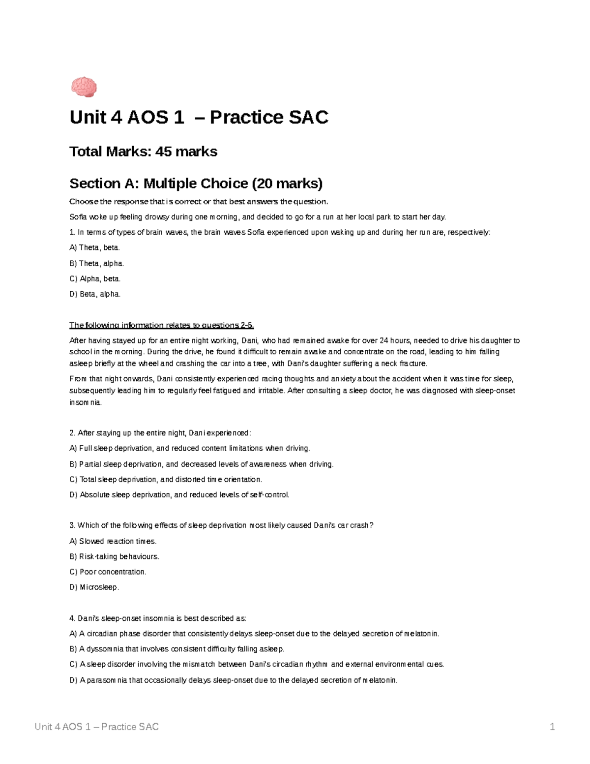 Unit 4 AOS 1 - Practice SAC on Sleep and Consciousness - Studocu