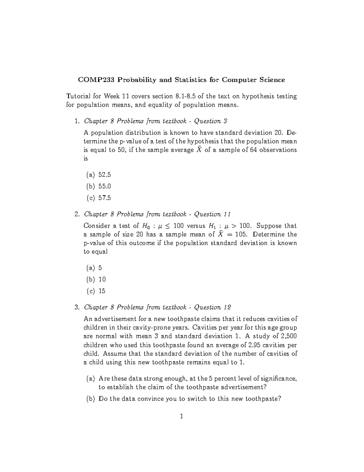 COMP233 Week 11 Tutorial: Hypothesis Testing & Population Means - Studocu