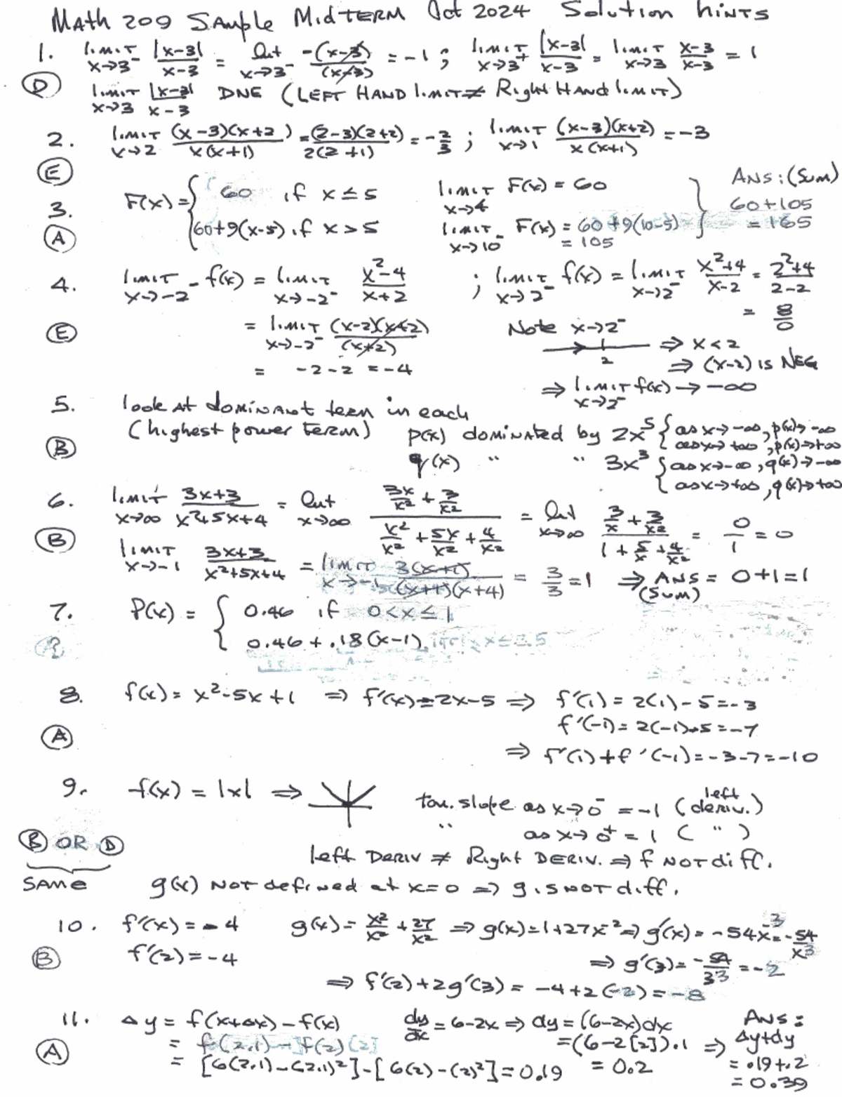Midterm sample 2024 - Math 209 Sample MidTERM Oct 2024 Solution hints 1. limit Out LIMIT limit ...