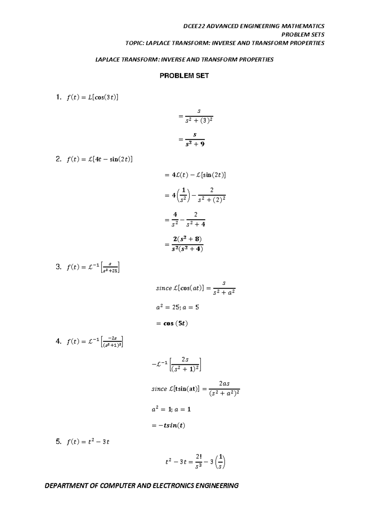 Problem Set on Laplace Transform: Inverse & Transform Properties - Studocu