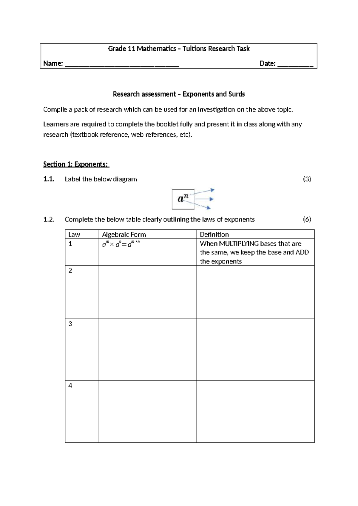 Grade 11 Math Research Task: Exponents & Surds Analysis - Studocu