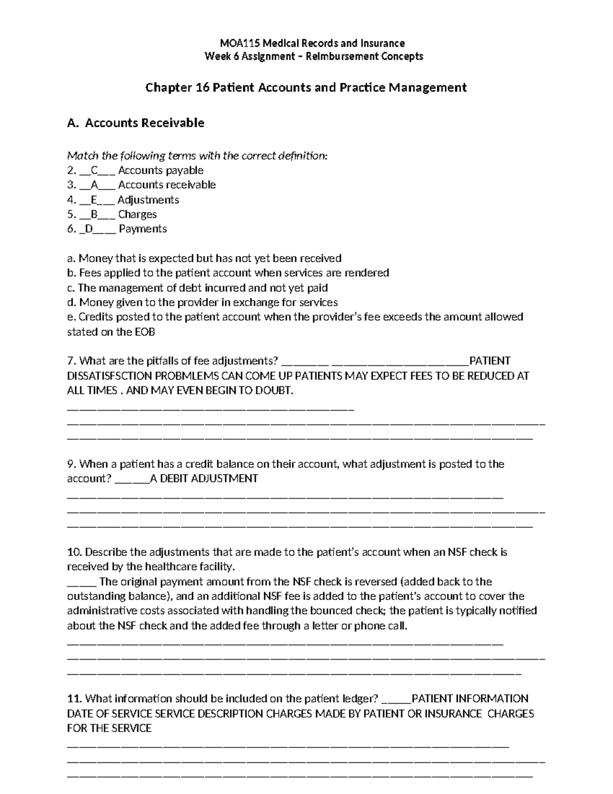 Week 6 Assignment Worksheet 15e - Week 6 Assignment – Reimbursement Concepts Chapter 16 Patient ...