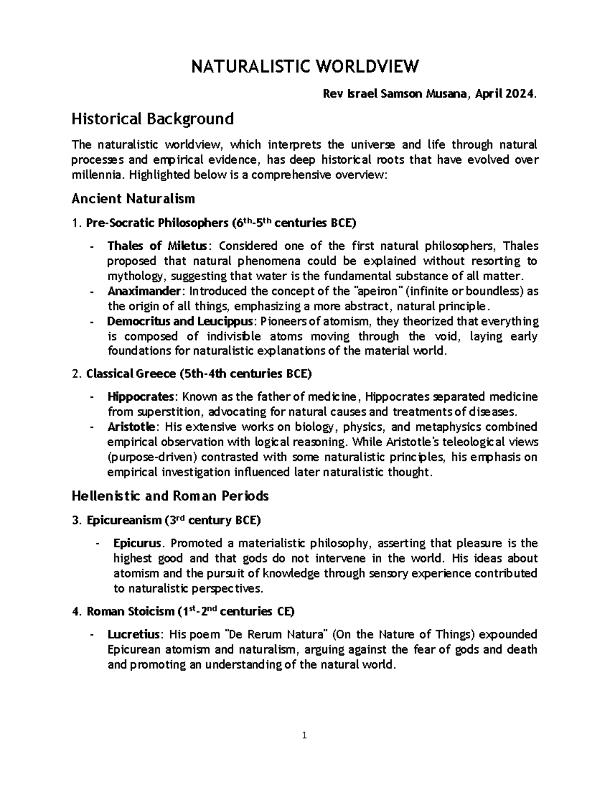 NATURALISTIC WORLDVIEW LECTURE NOTES (Rev. Israel Samson Musana, Apr ...