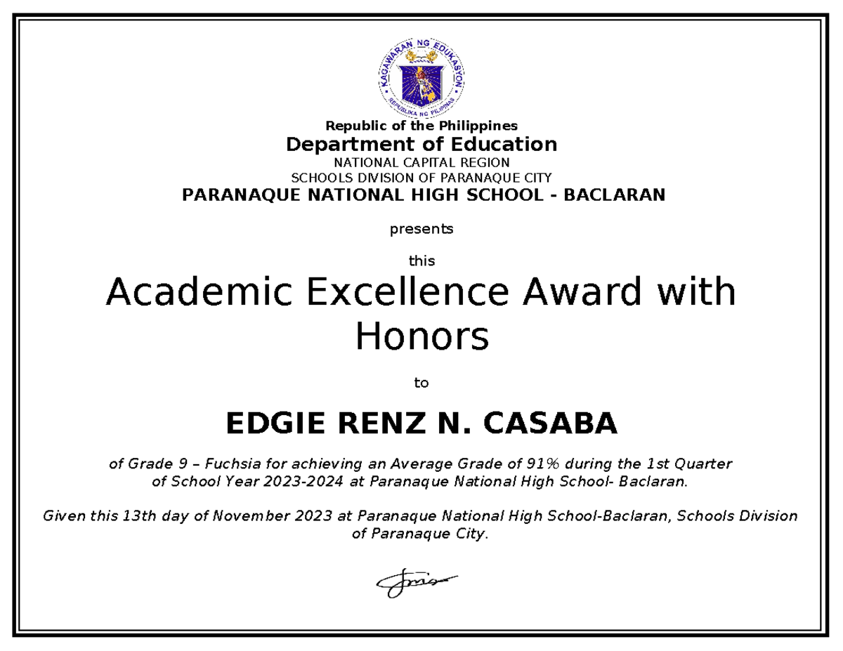 Certificate-Academic-Excellence-Award- Fuchsia-1ST- Quarter - Republic ...