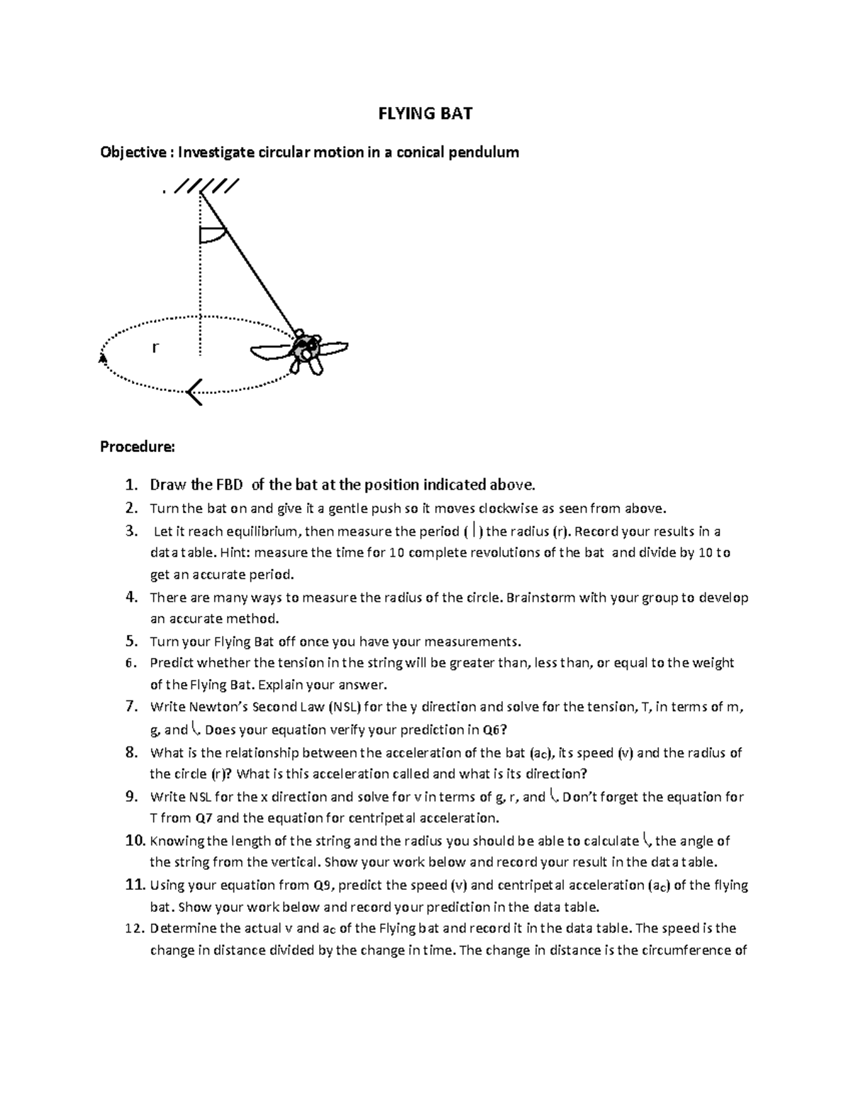 FLYING BAT Experiment: Exploring Circular Motion in Conical Pendulum ...
