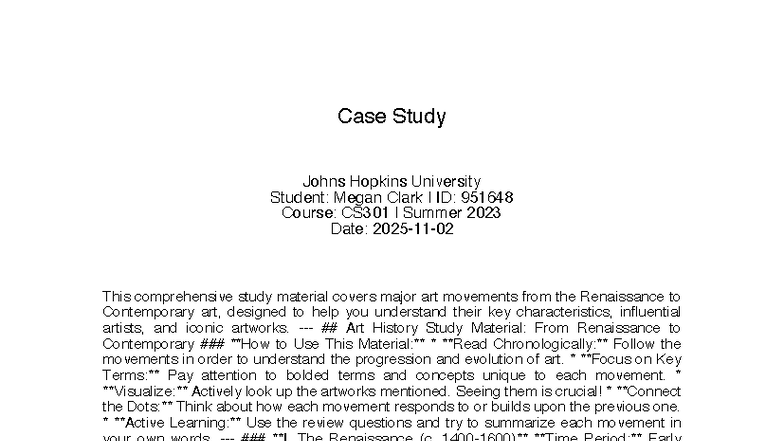 CS301 Art History Case Study: Major Movements from Renaissance to ...