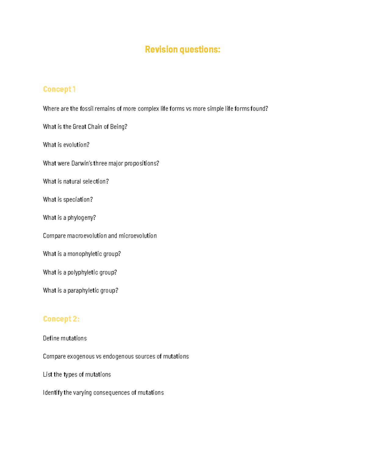 Bio MST Revision Questions: Evolution & Mutations Concepts - Studocu