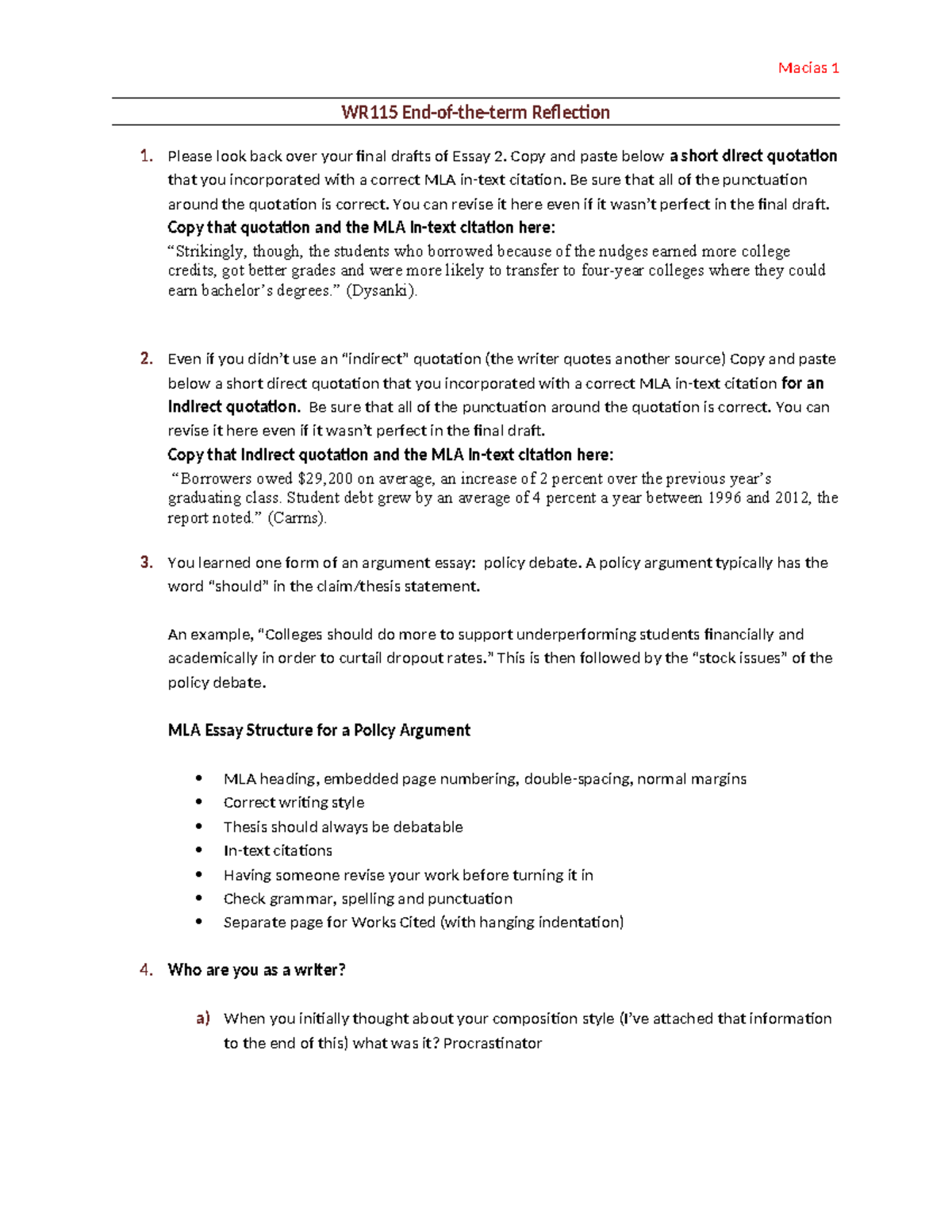 Unit 3 Reflection fall2019 - WR115 End-of-the-term Reflection 1. Please ...
