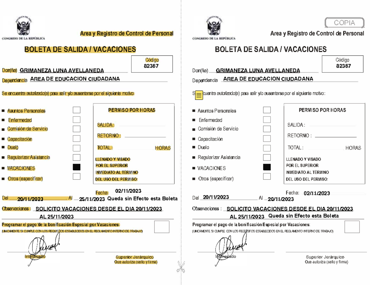 Boleta de vacaciones. - afasf - Area y Registro de Control de Personal ...