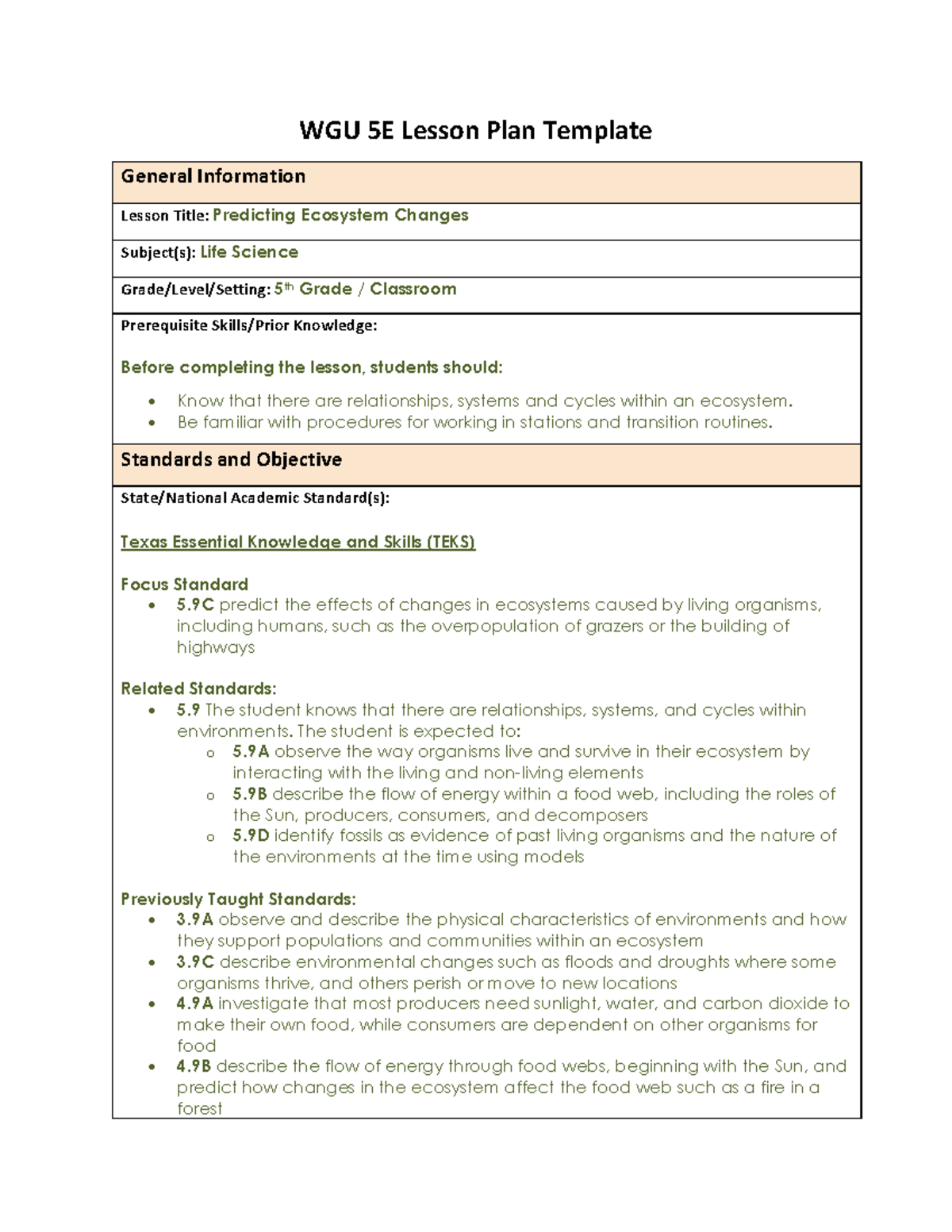 C382 Lesson Plan - Predicting Ecosystem Changes for 5th Grade - Studocu
