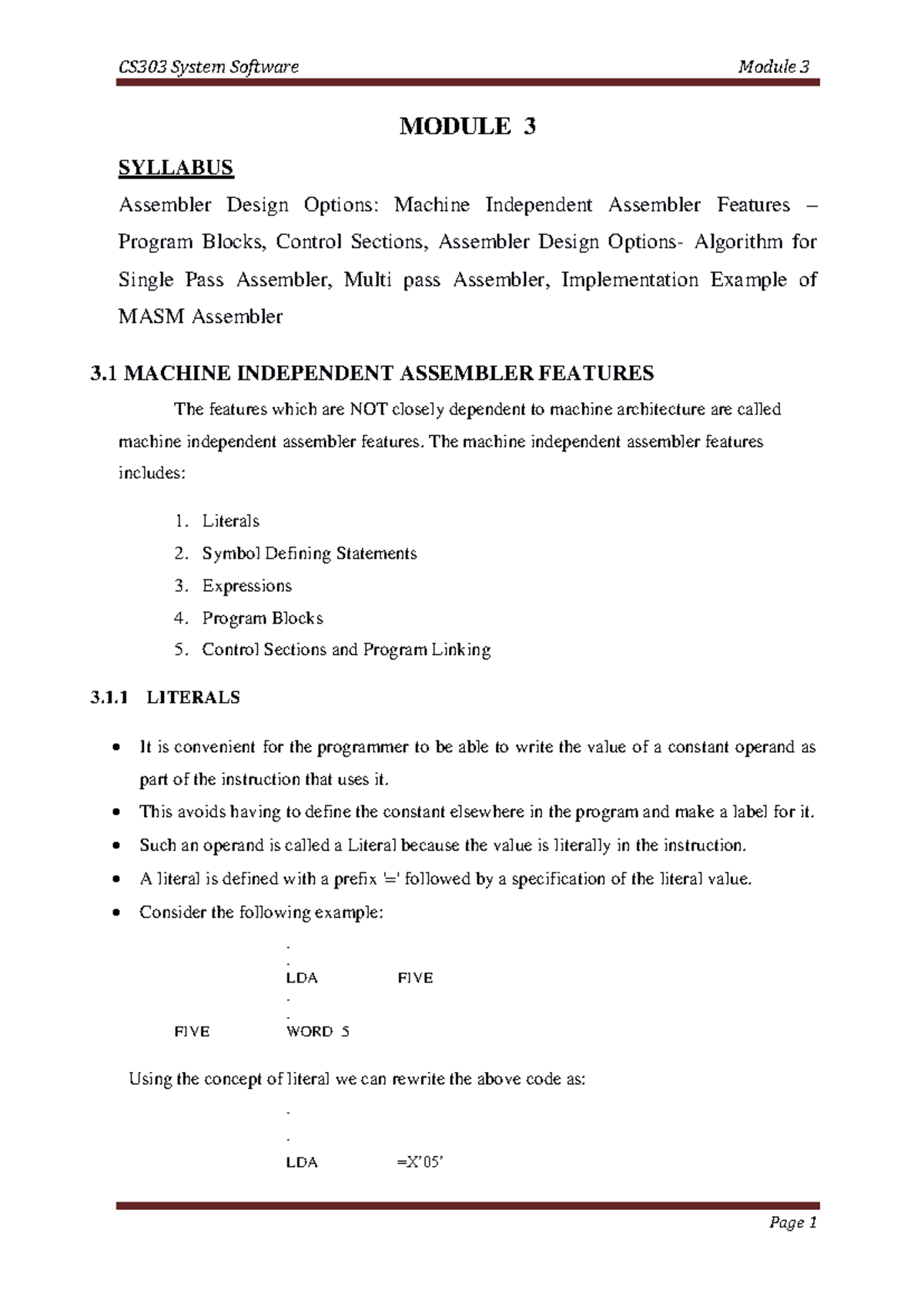 Assembler Design Options: Machine Independent Features (Module 3) - Studocu
