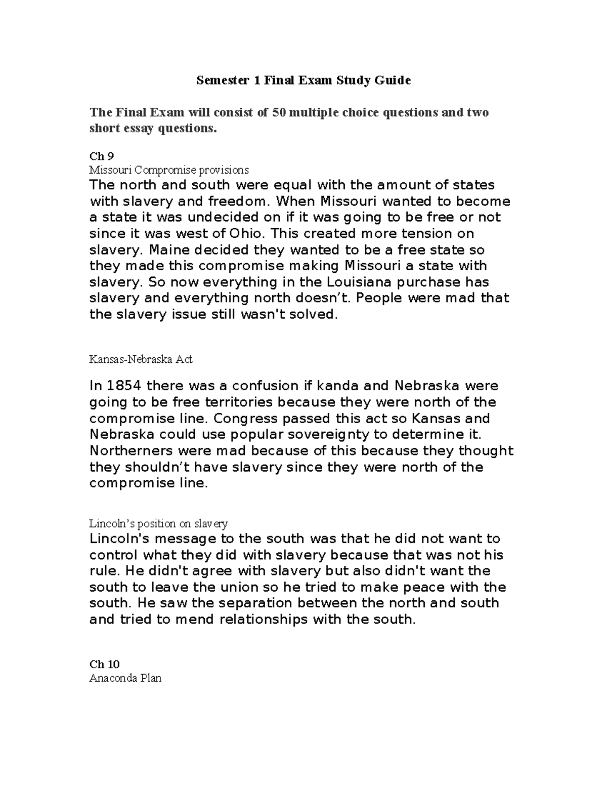 Civil War & Reconstruction: Semester 1 Final Exam Study Guide - Studocu