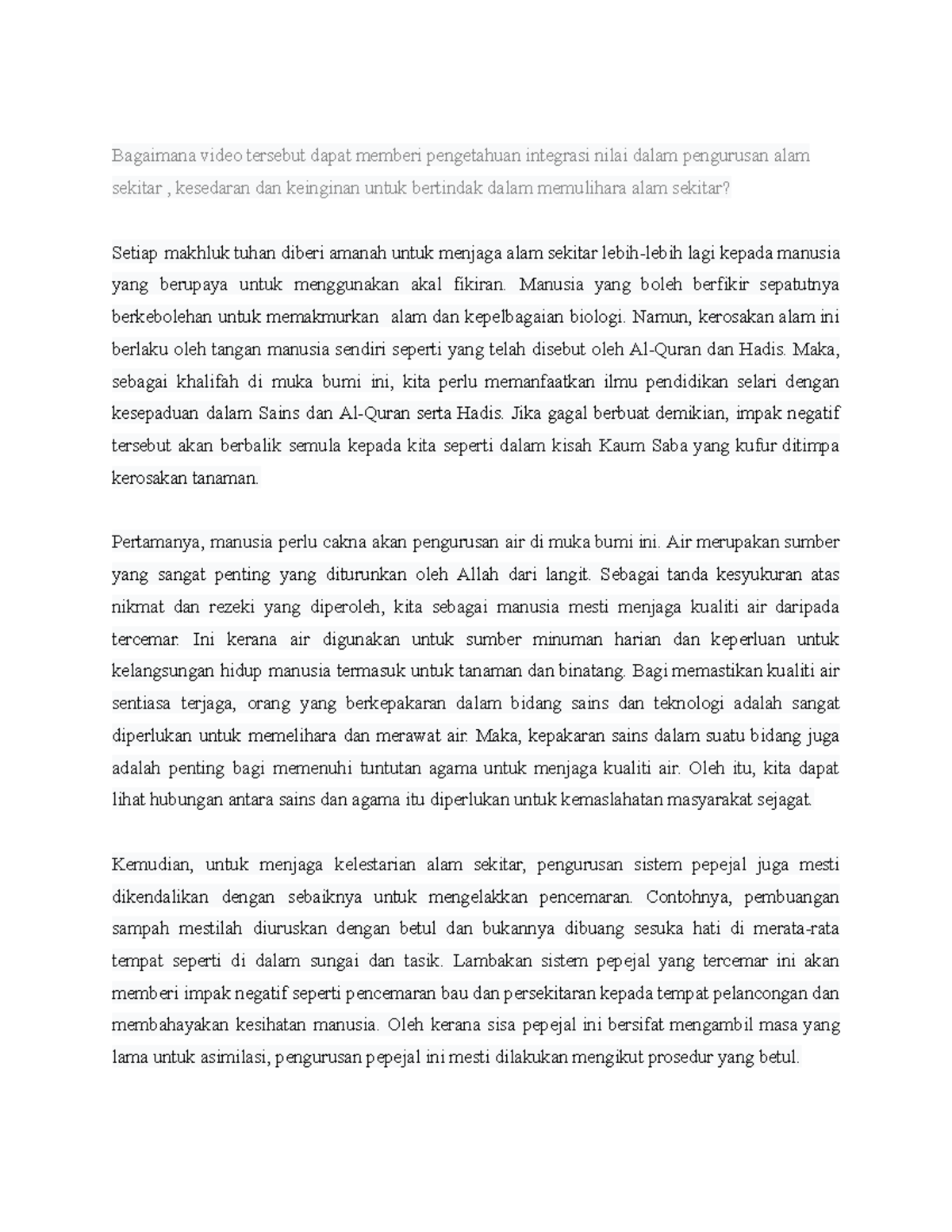 Refleksi dan Integrasi Nilai dalam Pengurusan Alam Sekitar - Studocu