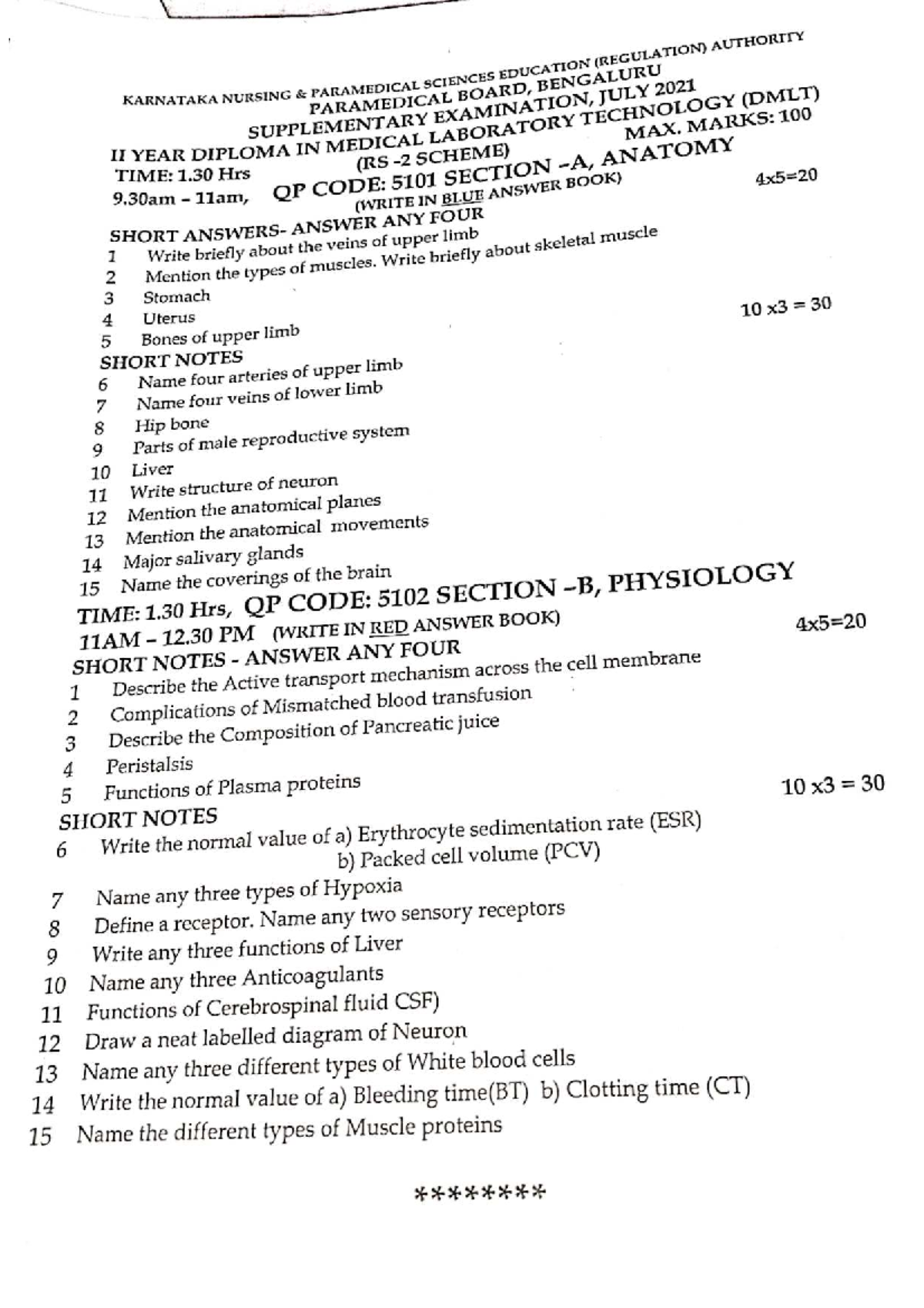 KARNATAKA NURSING II YEAR DMLT ANATOMY & PHYSIOLOGY QP 5101 & 5102 ...