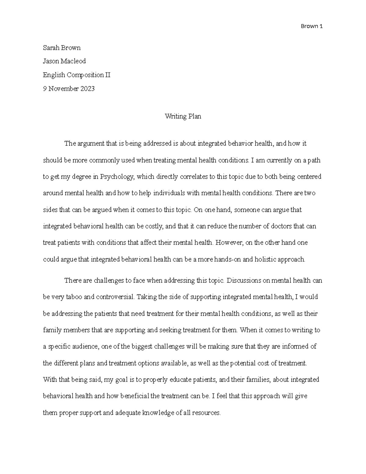 ENG 102 Writing Plan: Advocating for Integrated Behavioral Health - Studocu