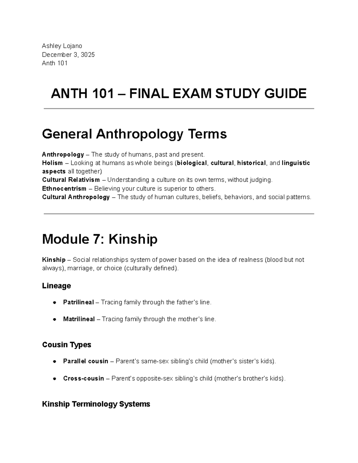 ANTH 101 – Final Exam Study Guide - Studocu