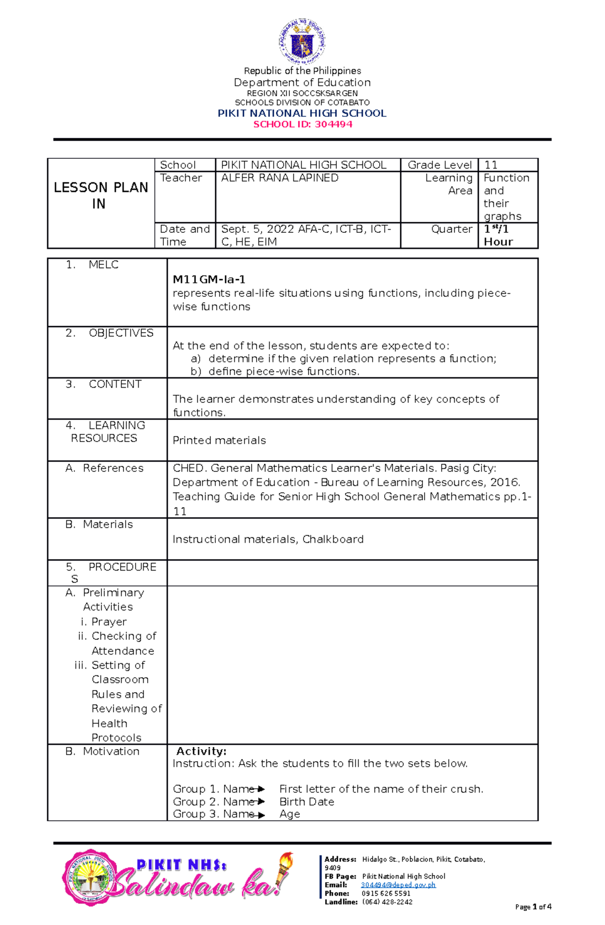 DLP-Lesson Plan on Functions and Piecewise Functions - 1st Week - Studocu